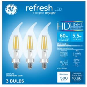 ge (3 bulbs) refresh led energetic daylight led cac lightbulb, candelabra base, 60 watt equivalent, dimmable, clear finish, hd light, led decorative, bent tip chandelier light bulb