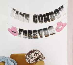 xo, fetti same cowboy forever banner - iridescent, 5 ft. | bachelorette party decorations, fun western bach backdrop, rodeo banner, gag gift