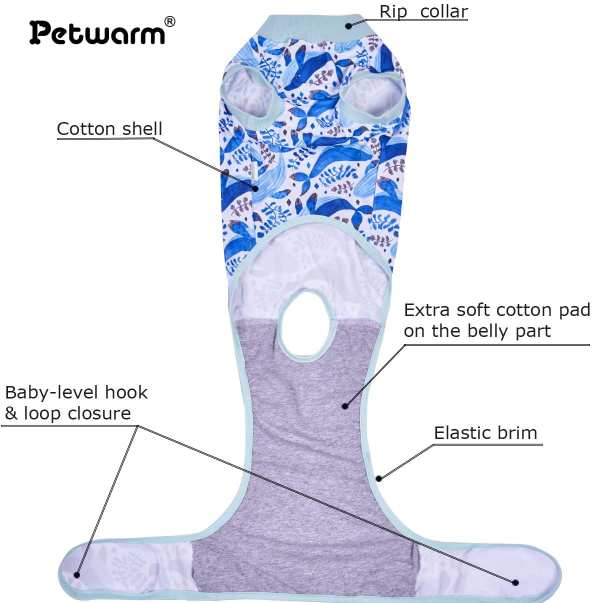 PetWarm Dog Recovery Suit After Surgery,Dog Surgery Suit,Cone of Shame Alternatives,Anti-Licking Pet Surgical Recovery Snugly Suit Dog Onesie for Spay Neuter,Marine Animal Patterns,White Blue,2XL