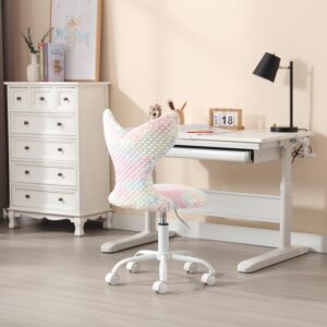 ZH4YOU Cute Kids Desk Chair, Soft Fuzzy Computer Chair for Girls Teen Reading Study Adjustable Swivel Rolling Task Chair Vanity Chair with Little Mermaid Sparkling Back(Pink Rainbow)