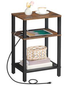 hoobro side table with charging station, end table with usb ports and outlets, 3-tier storage shelves nightstand, sofa table for small space in bedroom, living room, rustic brown and black bf106ubz01