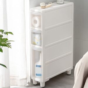 narrow tall floor cabinet for bathroom, vertical storage unit with 4 clear drawers and casters, slim freestanding narrow dresser tower storage drawer cart, 14cm/22cm width, assembly free