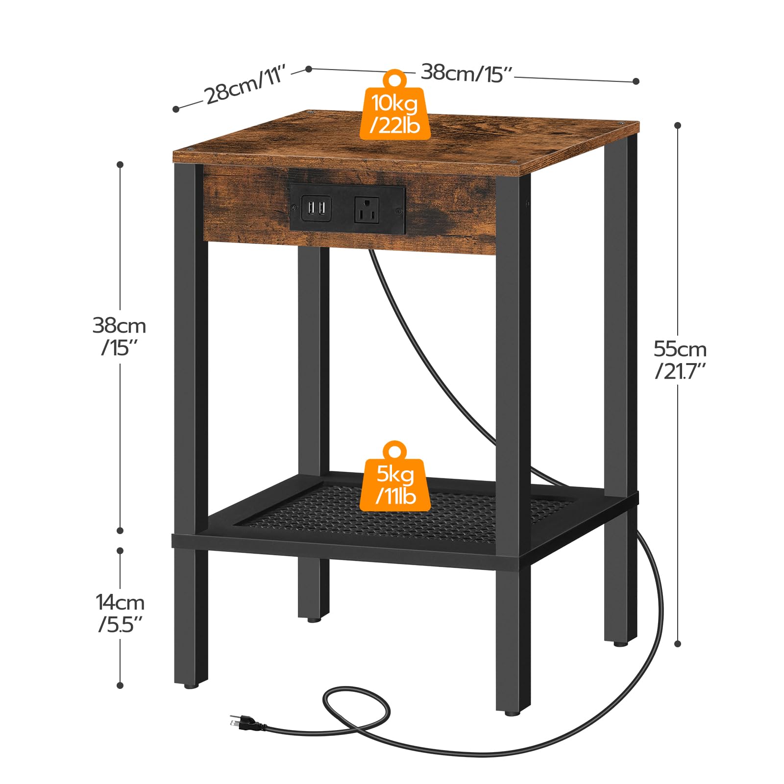 HOOBRO Side Table with Charging Station, Set of 2 End Tables with USB Ports and Outlet, Nightstand with 2-Tier Storage Shelf, for Living Room, Bedroom, Small Space, Rustic Brown and Black BF91UBZP201