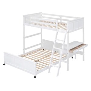 SOFTSEA L-Shaped Loft Bunk Bed with Small Desk 2 Beds in One Solid Wood Bunk Beds with 4 Wheels