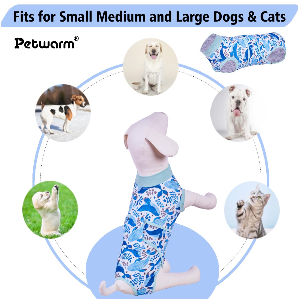 PetWarm Dog Recovery Suit After Surgery,Dog Surgery Suit,Cone of Shame Alternatives,Anti-Licking Pet Surgical Recovery Snugly Suit Dog Onesie for Spay Neuter,Marine Animal Patterns,White Blue,2XL