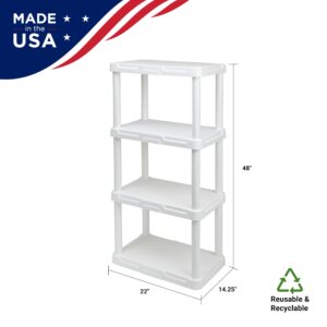 BLACK+DECKER, White, 4-Tier Light Duty Storage Shelf, 50lbs/Shelf (47”H x 22.1”W x 14.3”D), Plastic Shelving Unit, Made in The USA