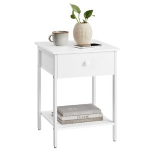 vasagle nightstand, end table, side table with drawer and shelf, 15.7 x 15.7 x 21.7 inches, bedroom, steel frame, easy assembly, modern, matte white ulet055w14