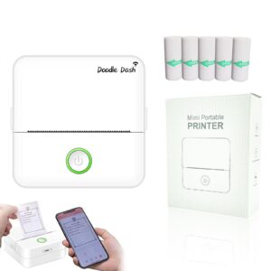 doodle dash printer mini printer sticker maker bluetooth connection cell phone, tablet with 5 self-adhesive rolls printing paper wireless inkless pocket printer suitable for photos, study (white)