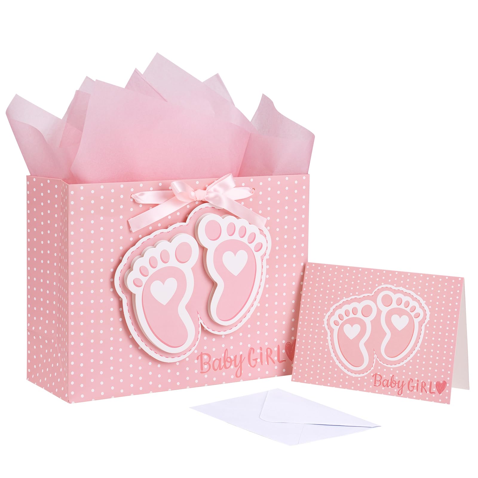 LeZakaa 13" Pink Gift Bags with Tissue Paper, Gift Card, Foot Print and Baby Girl Lettering Design for Baby Shower