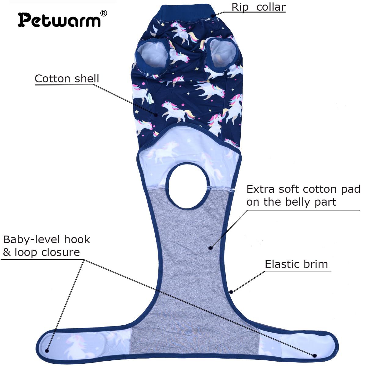 PetWarm Dog Onesie for Spay Neuter,Dog Recovery Suit,Anti-Licking Pet Surgical Recovery Snugly Suit Bodysuit for Abdominal Wounds Skin Disease Female Male Dog Bodysuit,Unicorn Pattern,Blue,XS