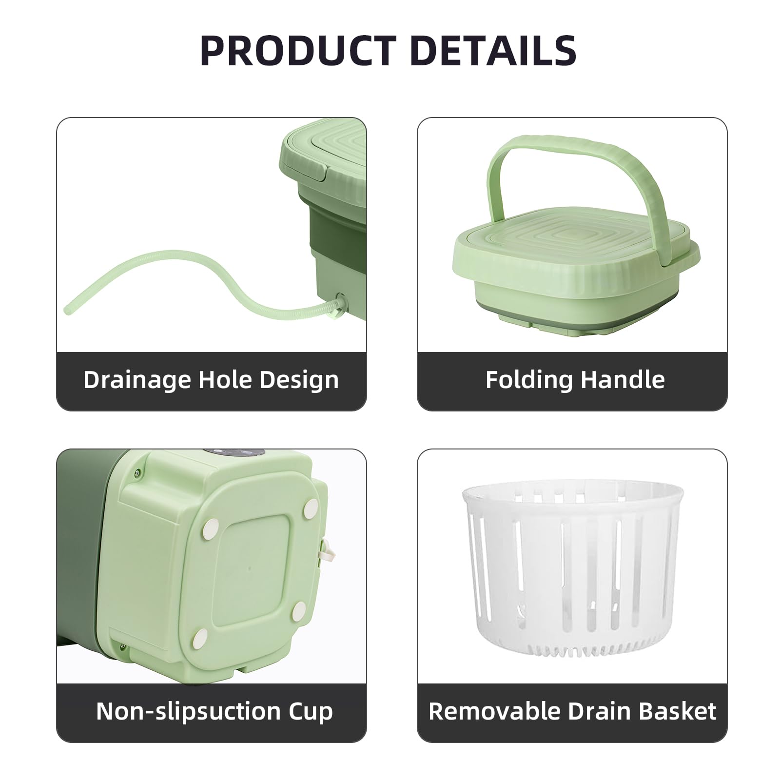 Portable Washing Machine, Mini Washer, 11L upgraded large capacity Foldable Washing Machine, Deep Cleaning for Underwear, Baby Clothes, or Small Items, Suitable for Apartments, Dorm, Hotels (Green)