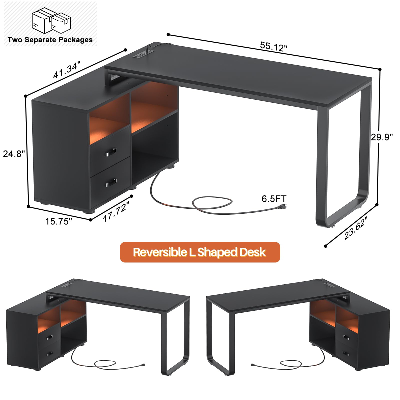 Homieasy L Shaped Desk with File Cabinet & Power Outlet, Reversible 55 Inch Large Corner Computer Desks with LED Strip, L-Shaped Computer Desk with Drawers and Storage Shelves, Black