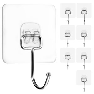 qcj large adhesive hooks 22ib(max), waterproof and rustproof wall hooks for hanging heavy duty, stainless steel towel and coats hooks to use inside kitchen, bathroom, home and office, 8pack