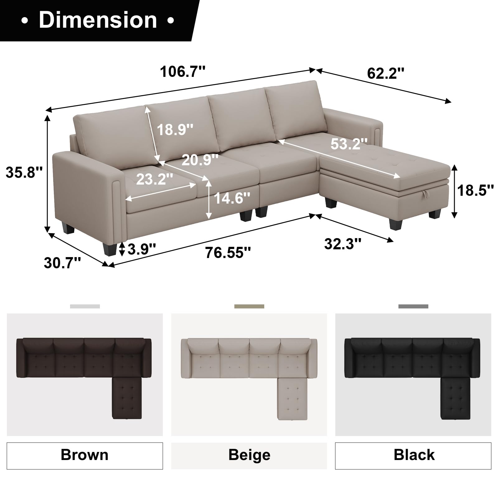 Belffin Faux Leather Convertible Sectional Sofa Couch L Shaped Couch Sofa with Reversible Chaise Leather Corner Sectional 4 Seat Sofa with Storage Ottoman Beige