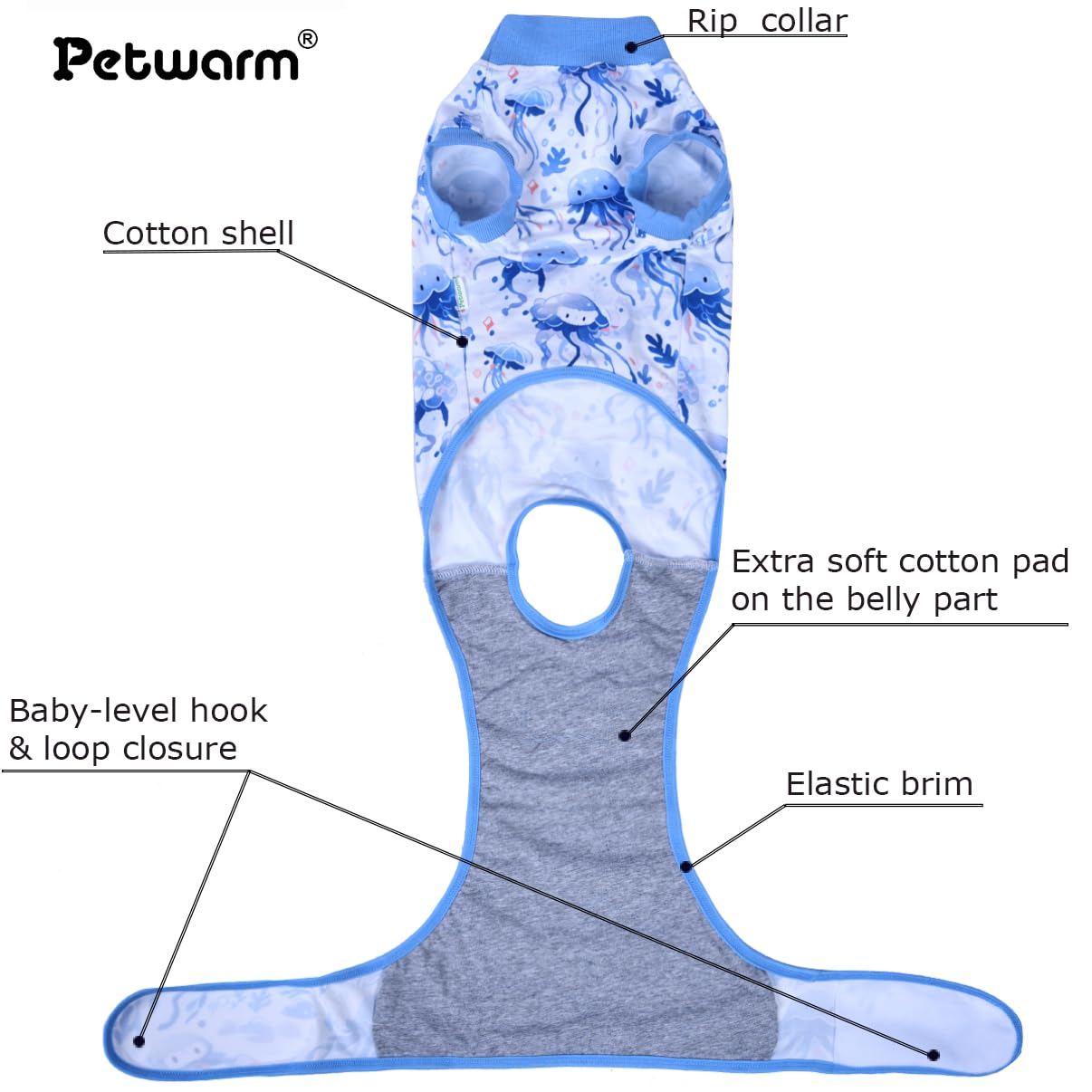 PetWarm Post Spay Dog Suit Female,Dog Surgery Suit,Cone of Shame Alternatives Bodysuit for Abdominal Wounds Skin Disease, Dog Bodysuit for Small Medium Large Dogs,Marine Animal Patterns,Blue,XS