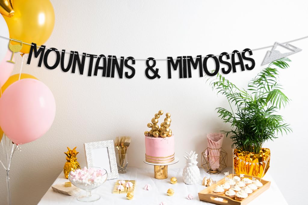 Mountains & Mimosas Banner, Mountain Bachelorette Party Decorations, Cabin Camping Bridal Shower Engagement Wedding Party Supplies Black Silver