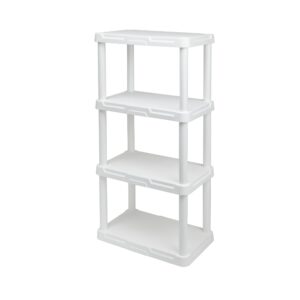 black+decker, white, 4-tier light duty storage shelf, 50lbs/shelf (47”h x 22.1”w x 14.3”d), plastic shelving unit, made in the usa