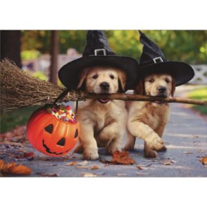 avanti press two puppies carrying broom stick and candy bucket cute dog halloween card