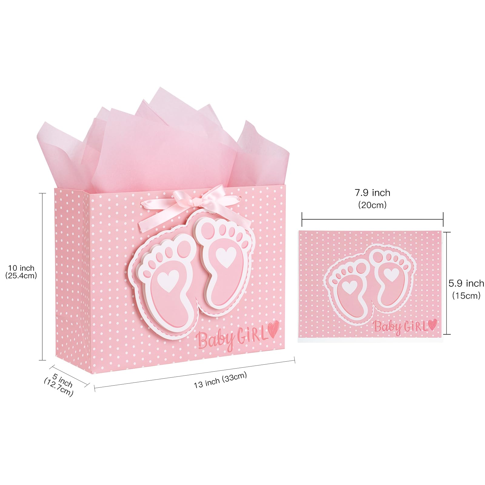 LeZakaa 13" Pink Gift Bags with Tissue Paper, Gift Card, Foot Print and Baby Girl Lettering Design for Baby Shower