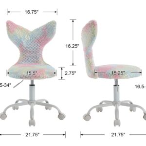 ZH4YOU Cute Kids Desk Chair, Soft Fuzzy Computer Chair for Girls Teen Reading Study Adjustable Swivel Rolling Task Chair Vanity Chair with Little Mermaid Sparkling Back(Pink Rainbow)