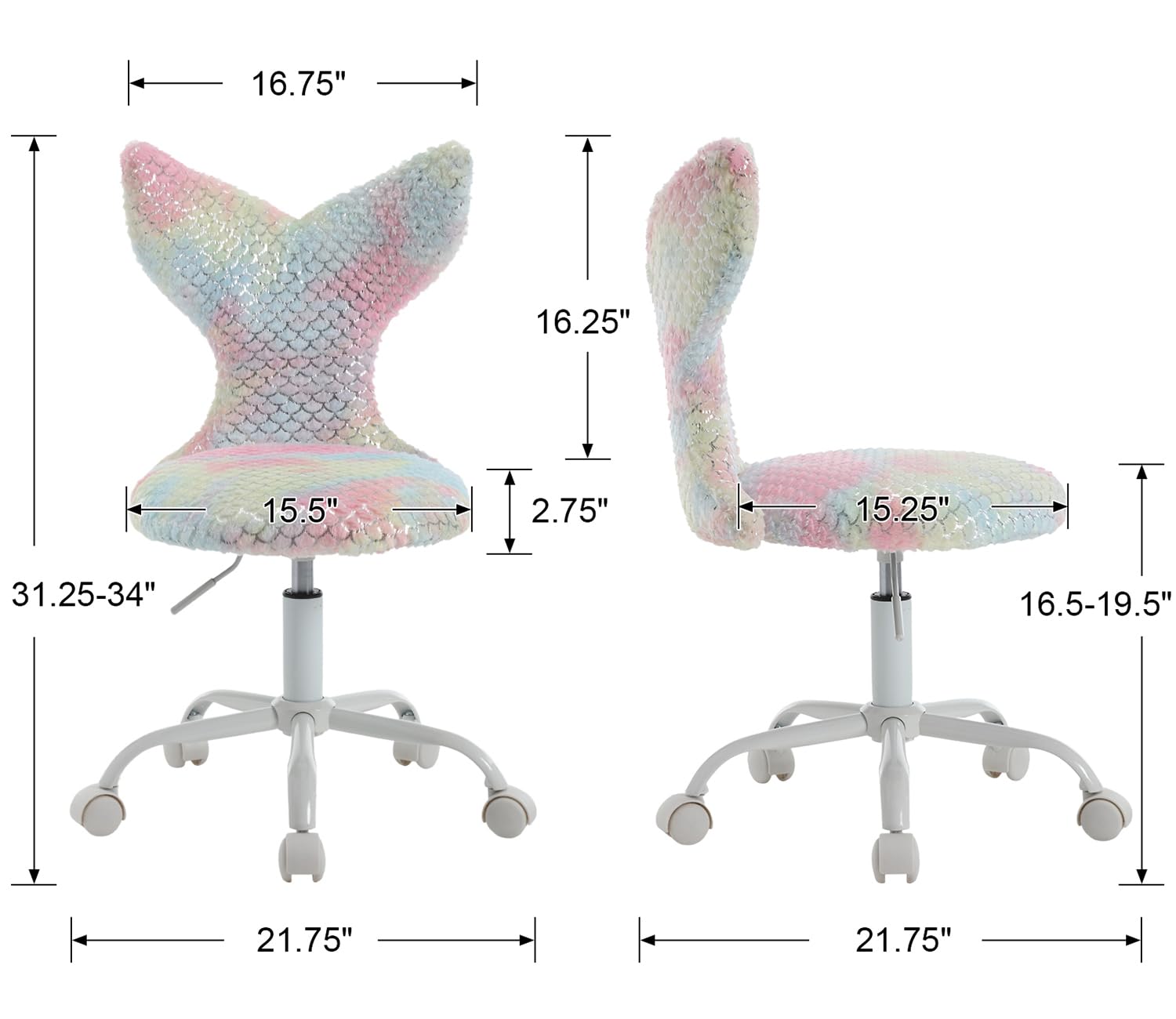 ZH4YOU Cute Kids Desk Chair, Soft Fuzzy Computer Chair for Girls Teen Reading Study Adjustable Swivel Rolling Task Chair Vanity Chair with Little Mermaid Sparkling Back(Pink Rainbow)