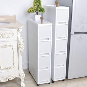 7in Narrow Slim Rolling Storage Cart, 4 Tier Kitchen Small Bathroom Storage Cabinet Beside Fridge Small Plastic Rolling Shelf with Drawers