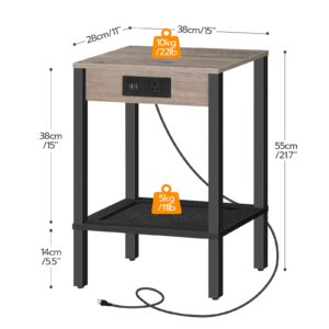 HOOBRO Side Table with Charging Station, End Table with USB Ports and Outlet, Nightstand with Storage Shelf, Faux Rattan Decoration, for Living Room, Bedroom, Greige and Black BG91UBZ01