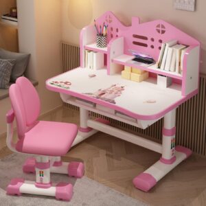 Small Desk, Standing Desk, Desk Chair Set, Widened Desktop Multi Separation Cartoon Pattern Desk Chair Set Kids Adjustable Height Study Table with Drawer Chair Set (Pink)