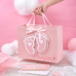 LeZakaa 13" Pink Gift Bags with Tissue Paper, Gift Card, Foot Print and Baby Girl Lettering Design for Baby Shower