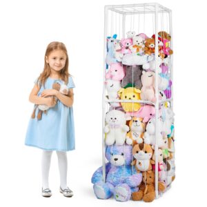 fiobee stuffed animals zoo storage stuffed animals holder organizer large toy storage shelf with elastic band stuffed animals cage for nursery playroom bedroom room furniture, white, l