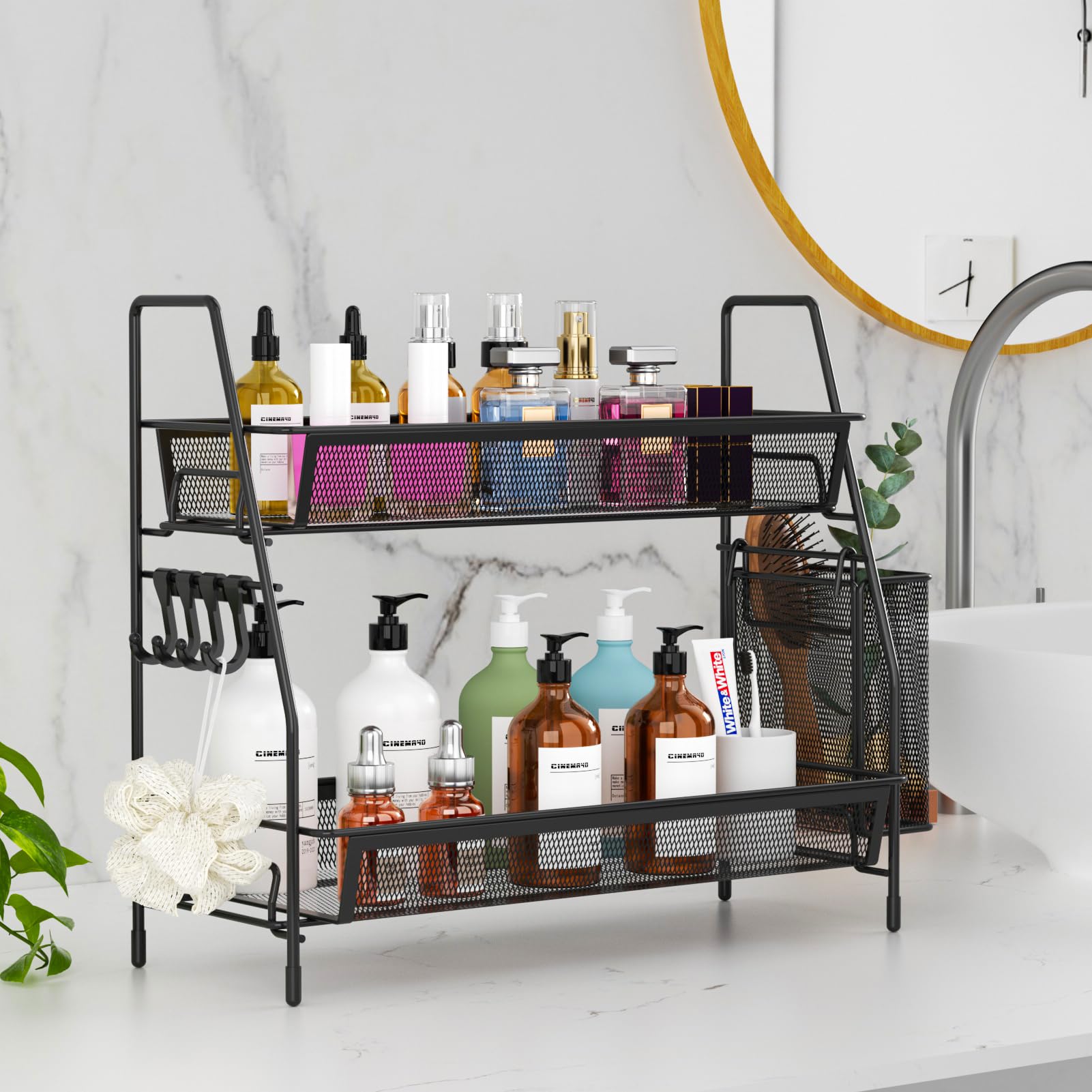 VITVITI 2-Tier Bathroom Organizer Countertop, Metal Wire Mesh Bathroom Counter Organizer Storage with Basket Hooks, Vanity Tray Shelf, Kitchen Spice Rack, Black