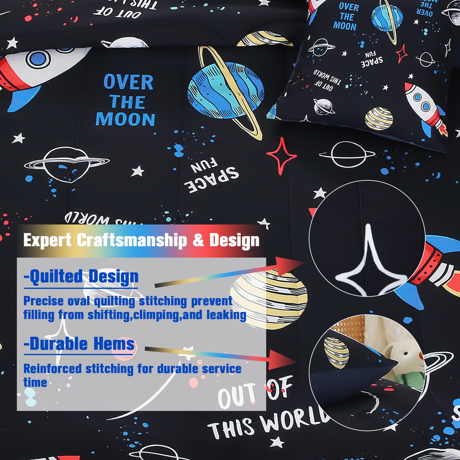 JQinHome Twin Space Comforter Set for Kids,6 Piece Bed in A Bag 3D Galaxy Space Rocket Planets Bedding Set for Teens Boys Girls with Pillowcases, Flat Sheet,Fitted Sheet, Cushion Cover