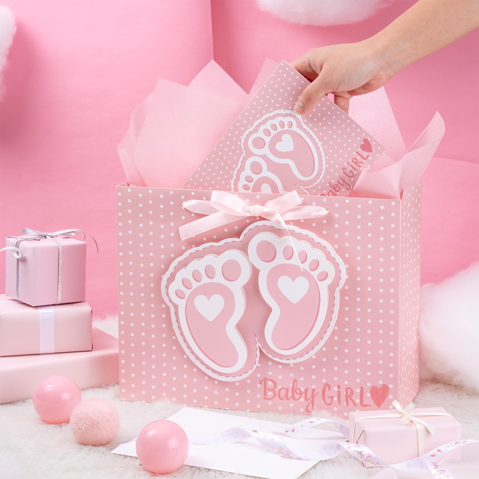 LeZakaa 13" Pink Gift Bags with Tissue Paper, Gift Card, Foot Print and Baby Girl Lettering Design for Baby Shower