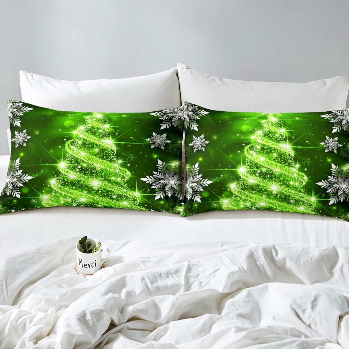 Erosebridal Green Christmas Tree Bedding Set Christmas Themed Duvet Cover 2 Piece Christmas Decor Comforter Cover White Snowflake Xmas Bedspread Cover Happy New Year Gifts Bedding Twin Size