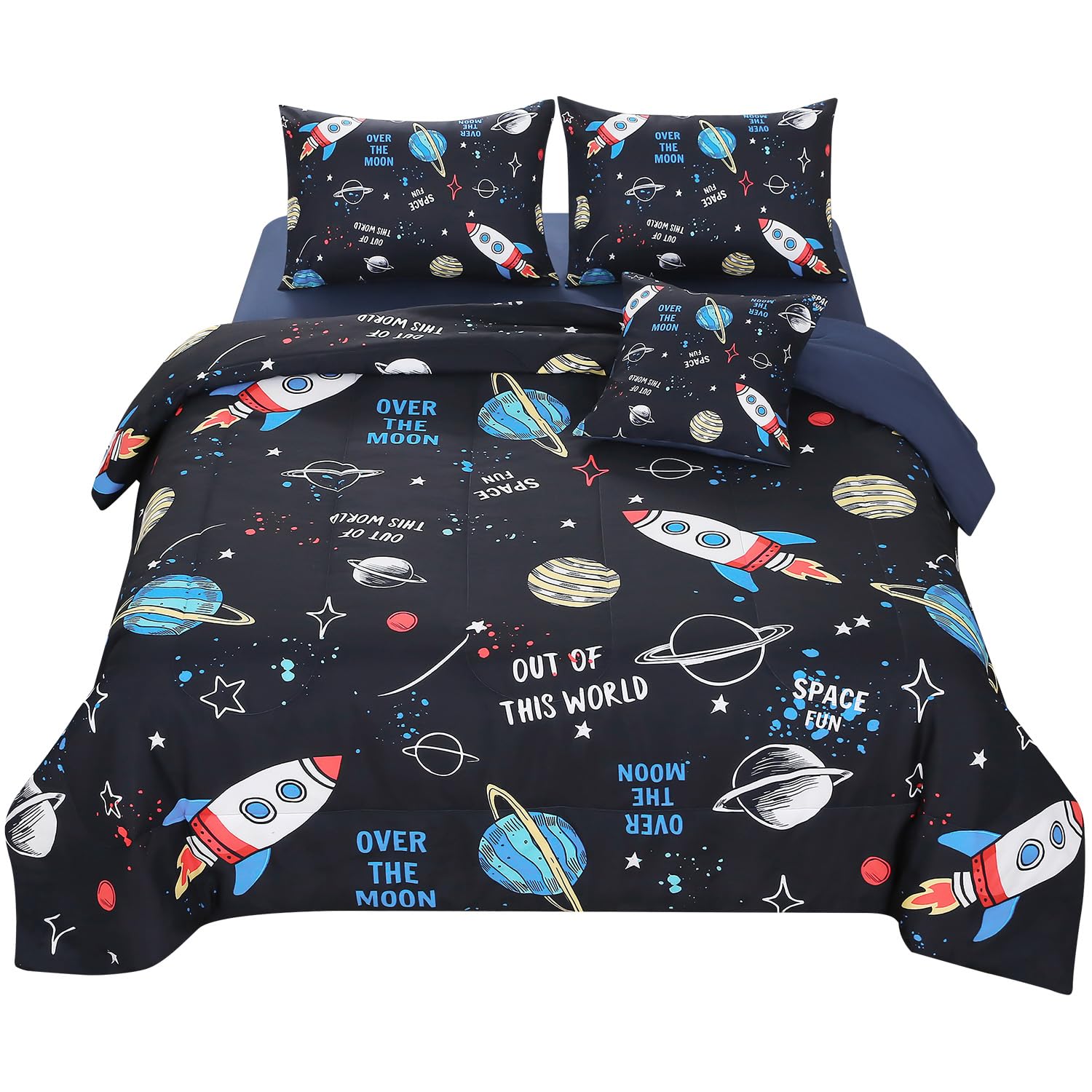 JQinHome Twin Space Comforter Set for Kids,6 Piece Bed in A Bag 3D Galaxy Space Rocket Planets Bedding Set for Teens Boys Girls with Pillowcases, Flat Sheet,Fitted Sheet, Cushion Cover