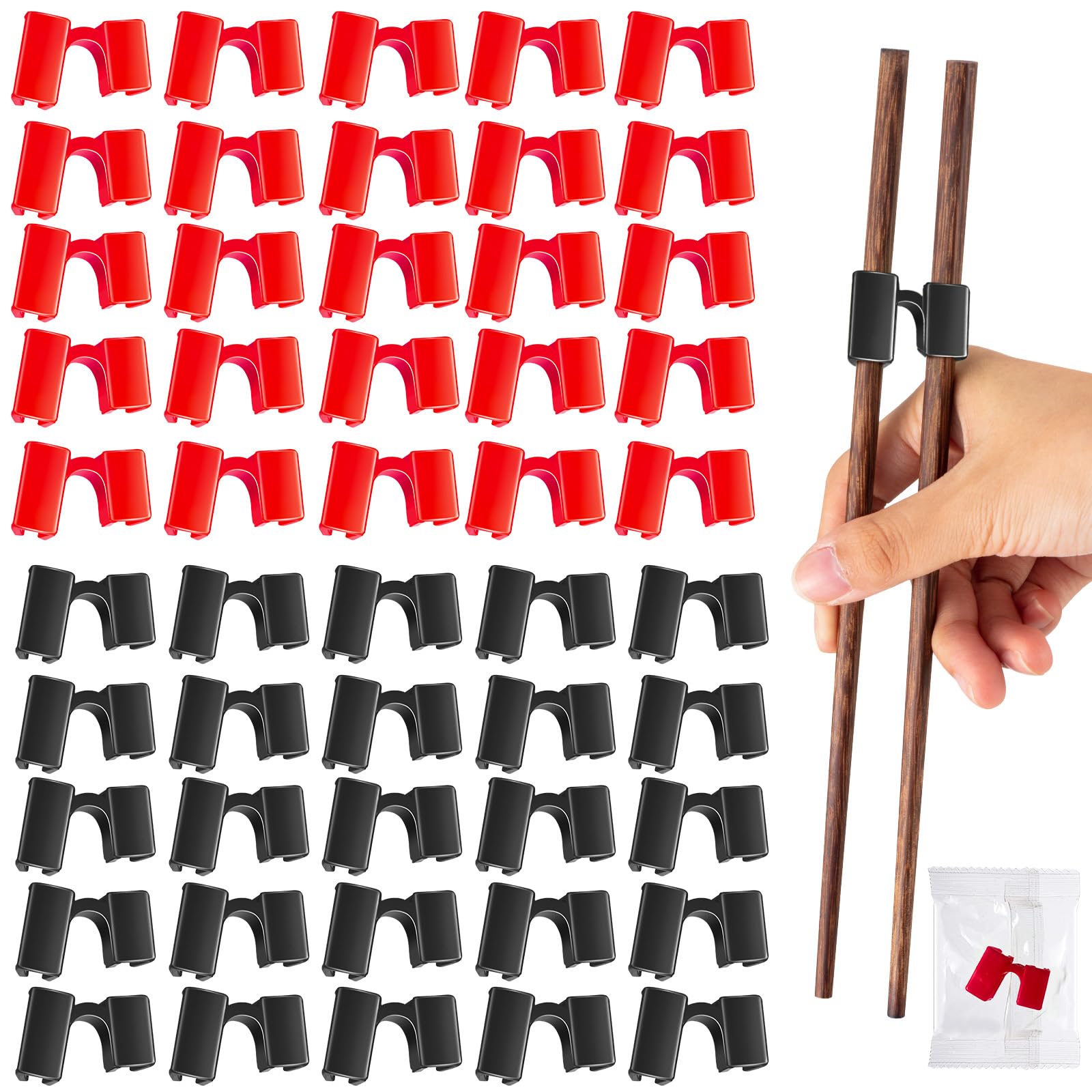 Suttmin 200 Pcs Reusable Chopsticks Helper Multicolor Training Chopsticks Hinges Connector Plastic Practice Chopstick Trainer Chinese Chop Stick Helper for Adult Learner Beginner (Red, Black)