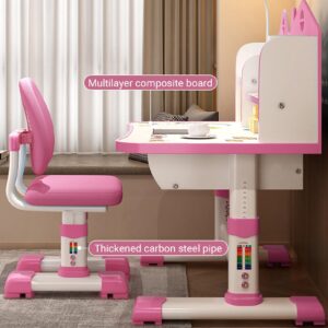 Small Desk, Standing Desk, Desk Chair Set, Widened Desktop Multi Separation Cartoon Pattern Desk Chair Set Kids Adjustable Height Study Table with Drawer Chair Set (Pink)