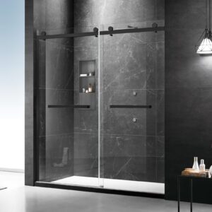 mosweet milano double sliding shower door, 60 in.w x 74 in.h framed shower door 5/16"(8mm) clear tempered glass, 18 inch pull handle, stainless steel hardware, matte black finished