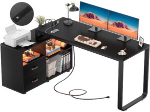 homieasy l shaped desk with file cabinet & power outlet, reversible 55 inch large corner computer desks with led strip, l-shaped computer desk with drawers and storage shelves, black