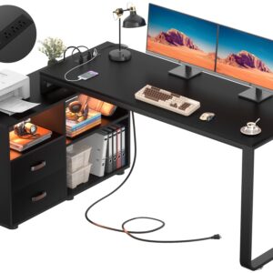 Homieasy L Shaped Desk with File Cabinet & Power Outlet, Reversible 55 Inch Large Corner Computer Desks with LED Strip, L-Shaped Computer Desk with Drawers and Storage Shelves, Black