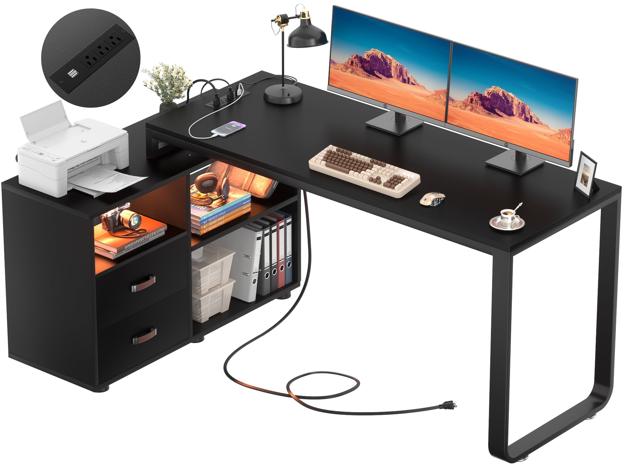 Homieasy L Shaped Desk with File Cabinet & Power Outlet, Reversible 55 Inch Large Corner Computer Desks with LED Strip, L-Shaped Computer Desk with Drawers and Storage Shelves, Black