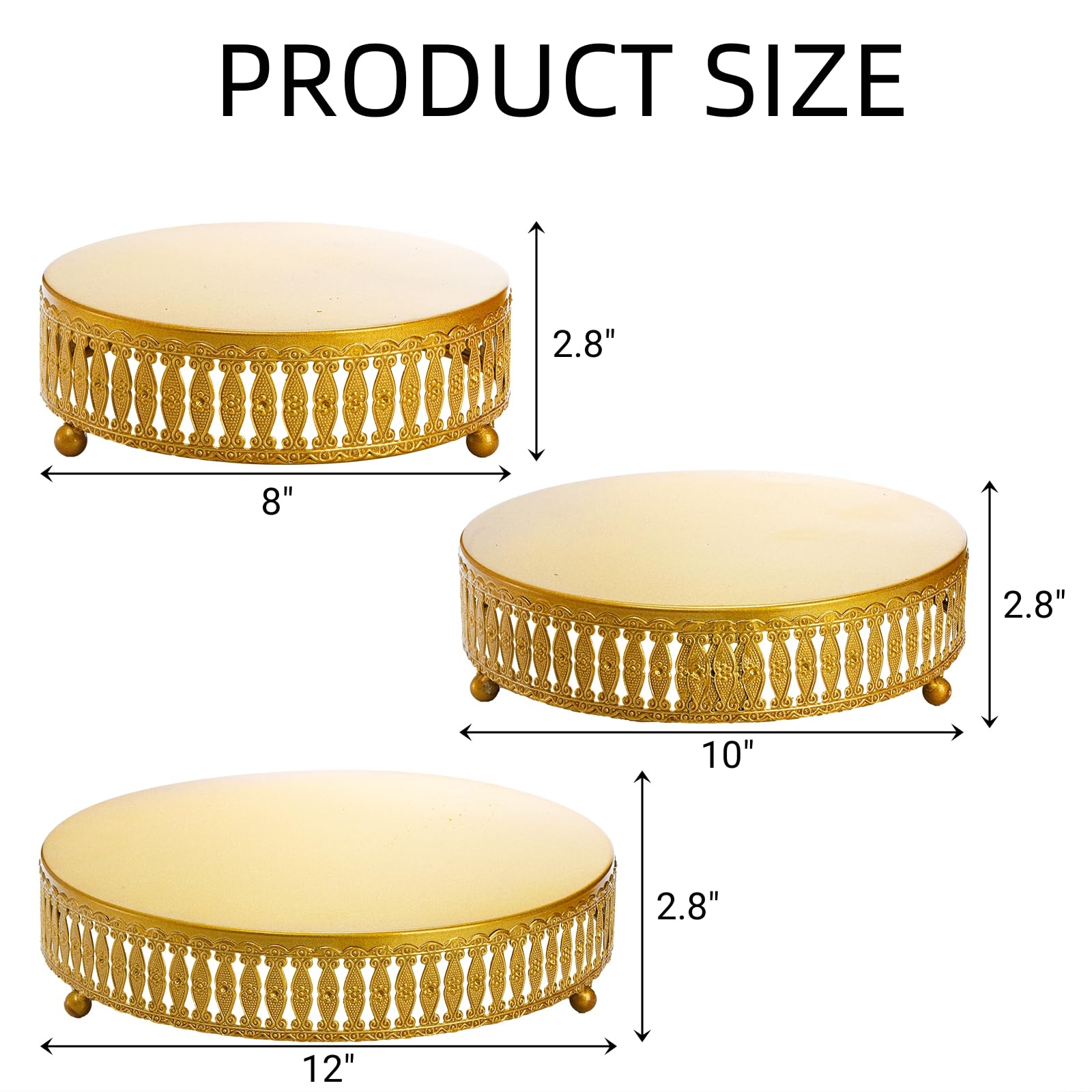 Goaste 3 Pack Cake Stand Set, Round Metal Cake Stands, Dessert Cupcake Pastry Candy Display Plate for Wedding, Birthday, Party, Event, Anniversary, Table Decoration, Gold, 8"/10"/12"