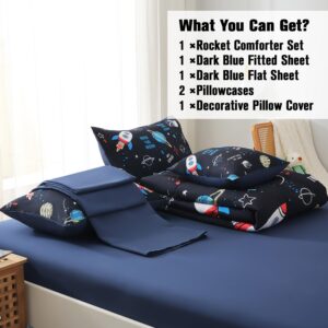 JQinHome Twin Space Comforter Set for Kids,6 Piece Bed in A Bag 3D Galaxy Space Rocket Planets Bedding Set for Teens Boys Girls with Pillowcases, Flat Sheet,Fitted Sheet, Cushion Cover