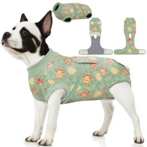 petwarm dog onesie for surgery female,recovery suit for dogs after surgery,dog recovery collars & cones alternative dog abdominal wounds bandages,pet surgical recoverysuit,monkey pattern,green,l