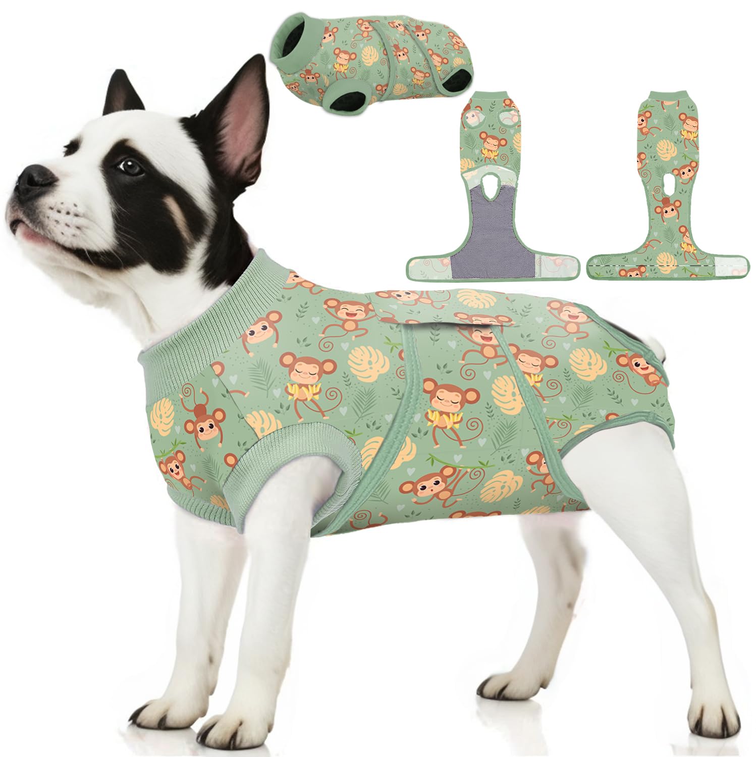 PetWarm Dog Onesie for Surgery Female,Recovery Suit for Dogs After Surgery,Dog Recovery Collars & Cones Alternative Dog Abdominal Wounds Bandages,Pet Surgical RecoverySuit,Monkey Pattern,Green,L