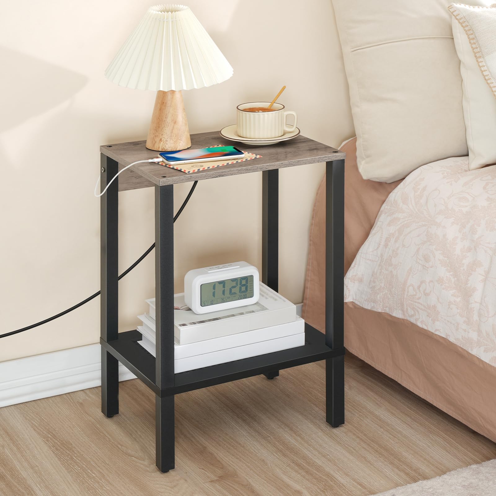 HOOBRO Side Table with Charging Station, End Table with USB Ports and Outlet, Nightstand with Storage Shelf, Faux Rattan Decoration, for Living Room, Bedroom, Greige and Black BG91UBZ01