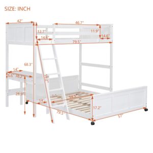 SOFTSEA L-Shaped Loft Bunk Bed with Small Desk 2 Beds in One Solid Wood Bunk Beds with 4 Wheels