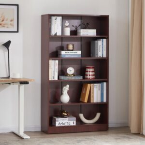 STARY 5 Shelf Mahogany Bookcase 60 inch Tall Wood Bookshelf for Bedroom