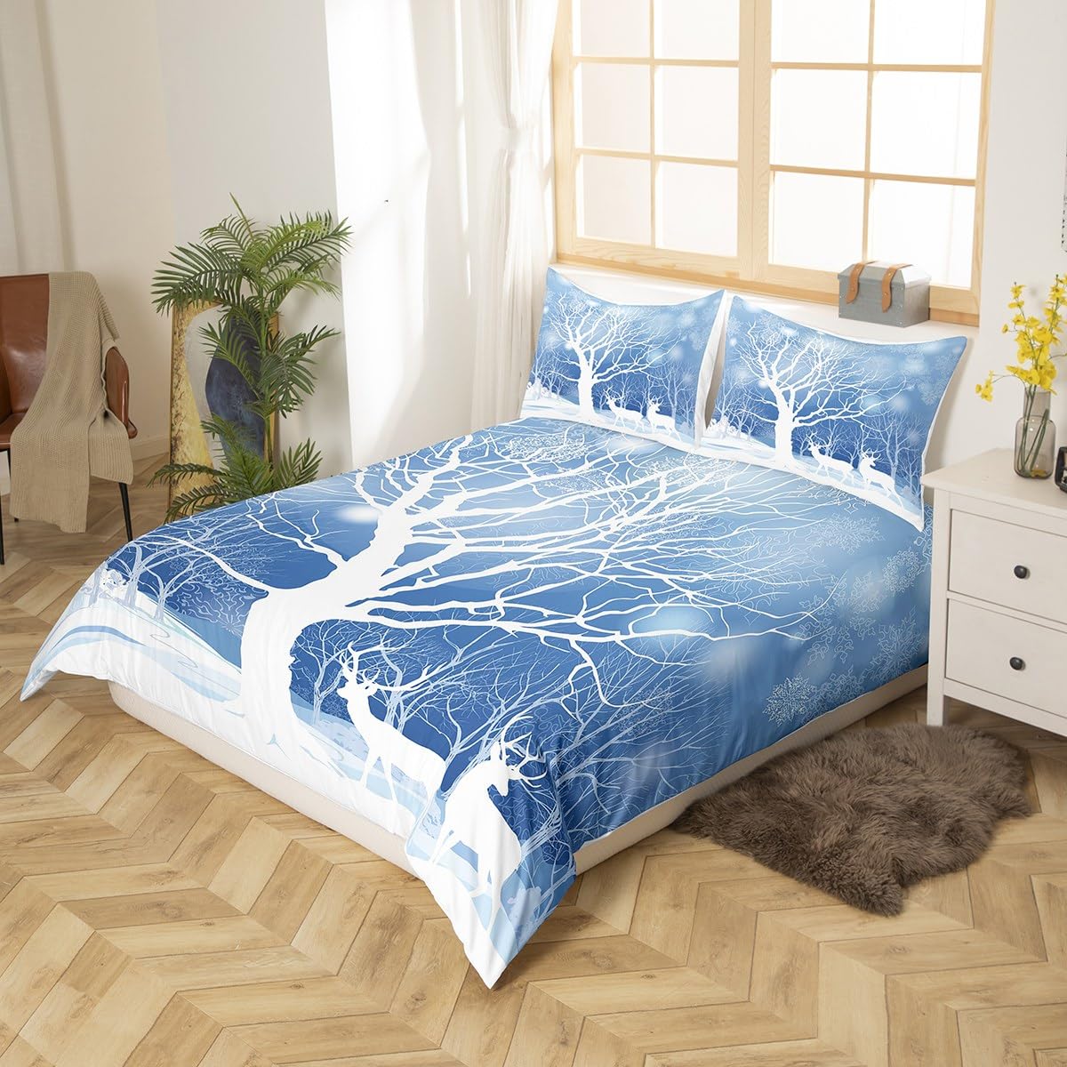 Erosebridal Winter Themed Bedding Set Christmas Decor Duvet Cover 3 Piece Christmas Elk Print Comforter Cover Happy New Year Gifts Xmas Bedspread Cover Merry Christmas Theme Bedding Queen Size