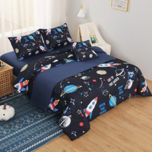 JQinHome Twin Space Comforter Set for Kids,6 Piece Bed in A Bag 3D Galaxy Space Rocket Planets Bedding Set for Teens Boys Girls with Pillowcases, Flat Sheet,Fitted Sheet, Cushion Cover